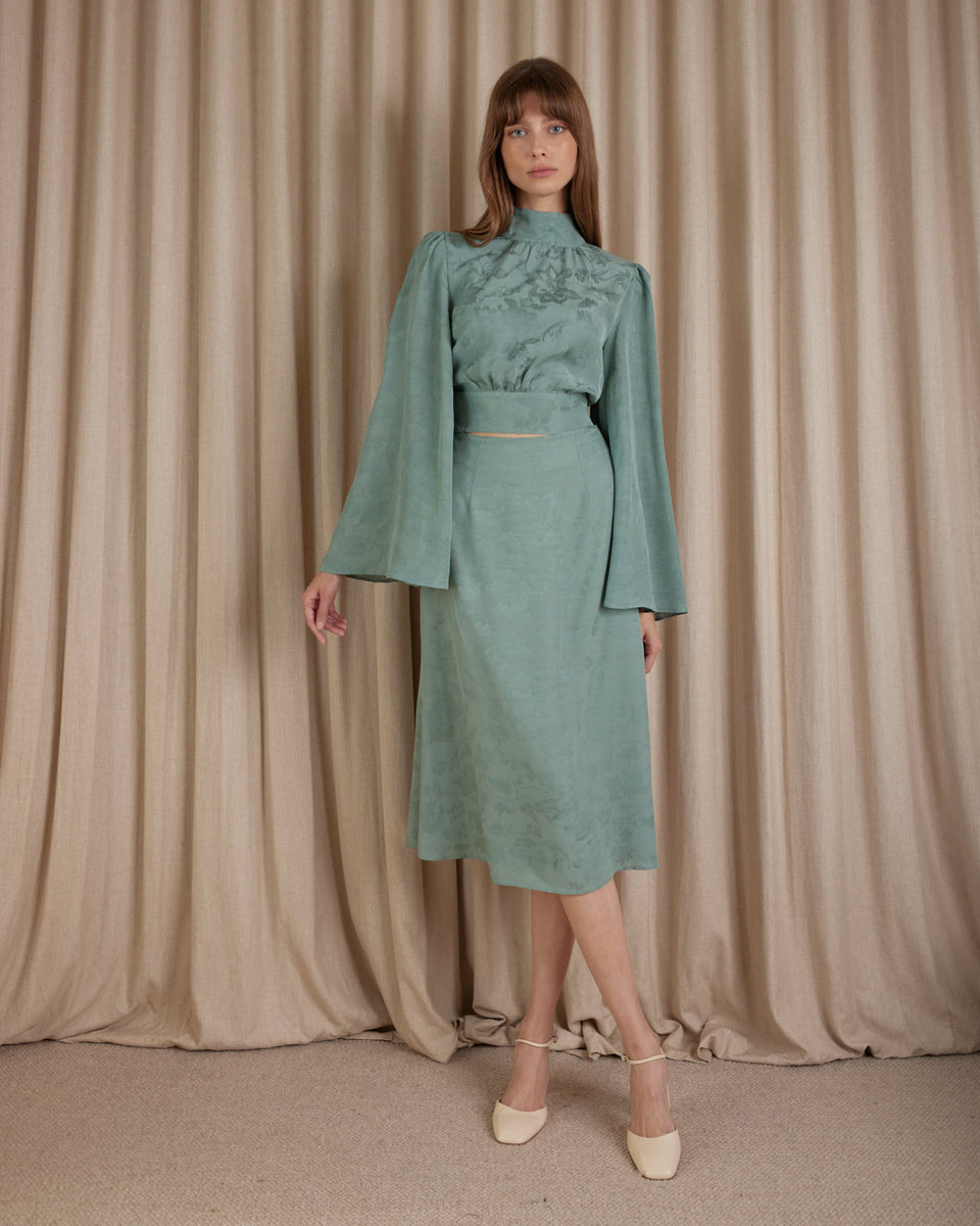 Loren Linen Jacquard High Neck Blouse - Sage – Amelius